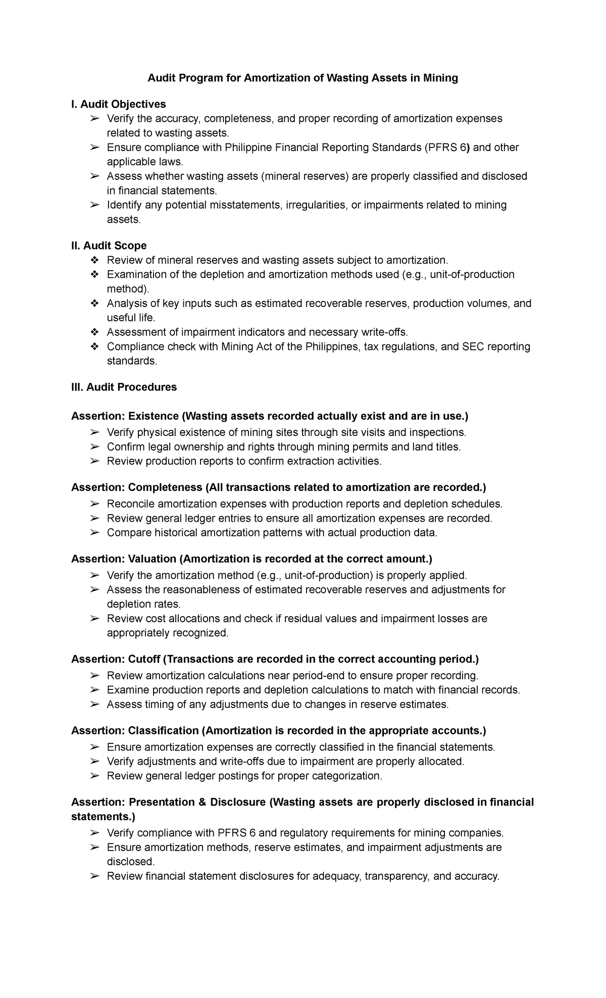 Mining I - Audit Program for Amortization of Wasting Assets - Studocu