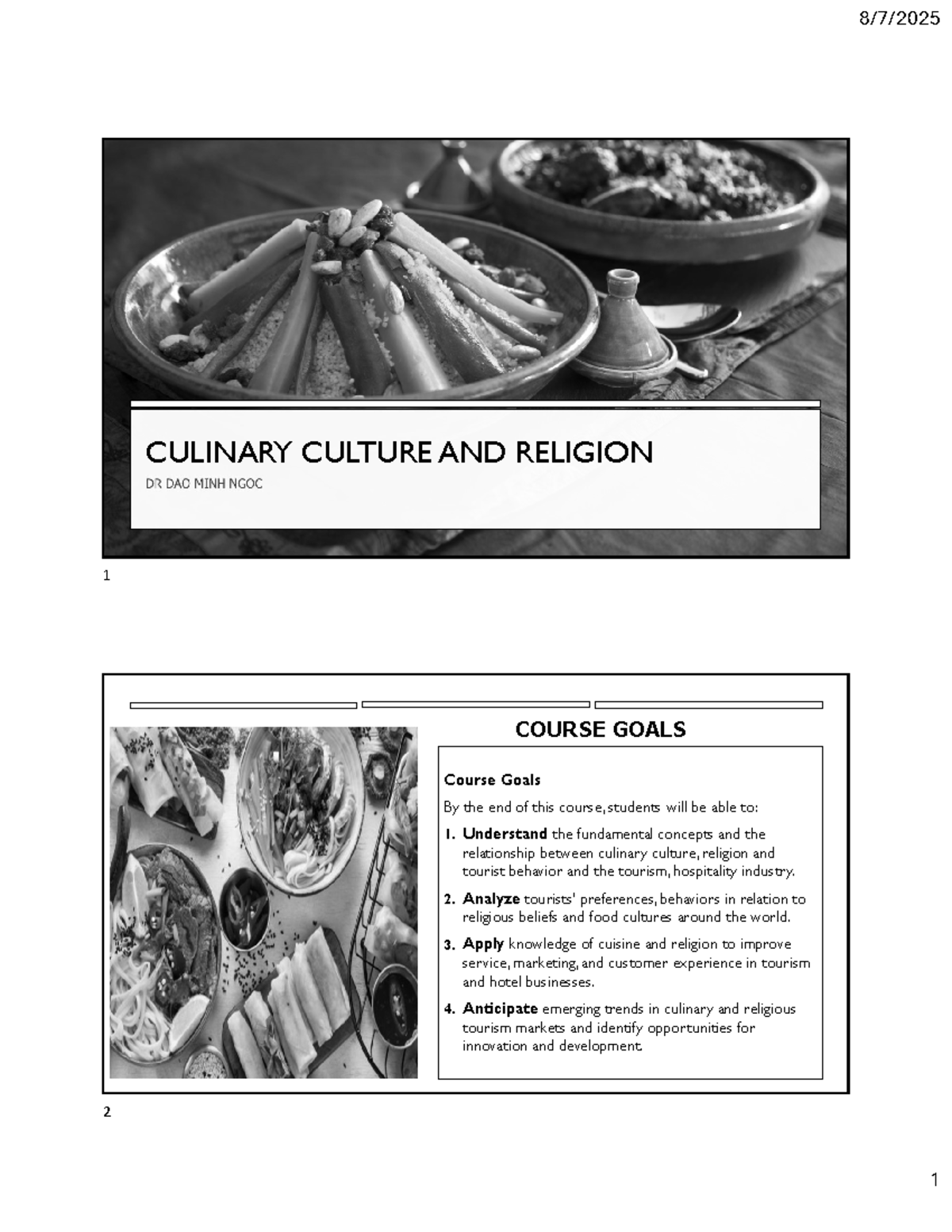CULINARY CULTURE AND RELIGION 1: COURSE GOALS & OUTLINE - Studocu