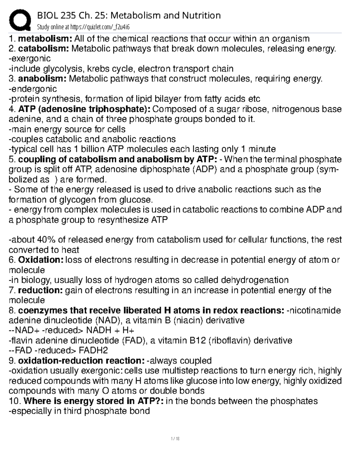 BIOL 235 Ch. 25: Metabolism and Nutrition Quizlet Study Notes - Studocu