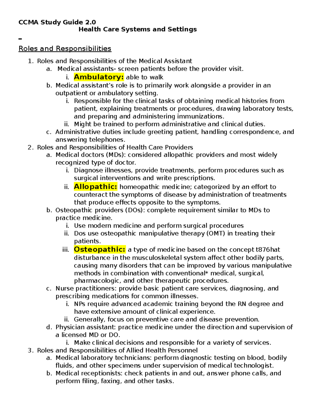 CCMA Study Guide - micro - Health Care Systems and Settings Roles and ...