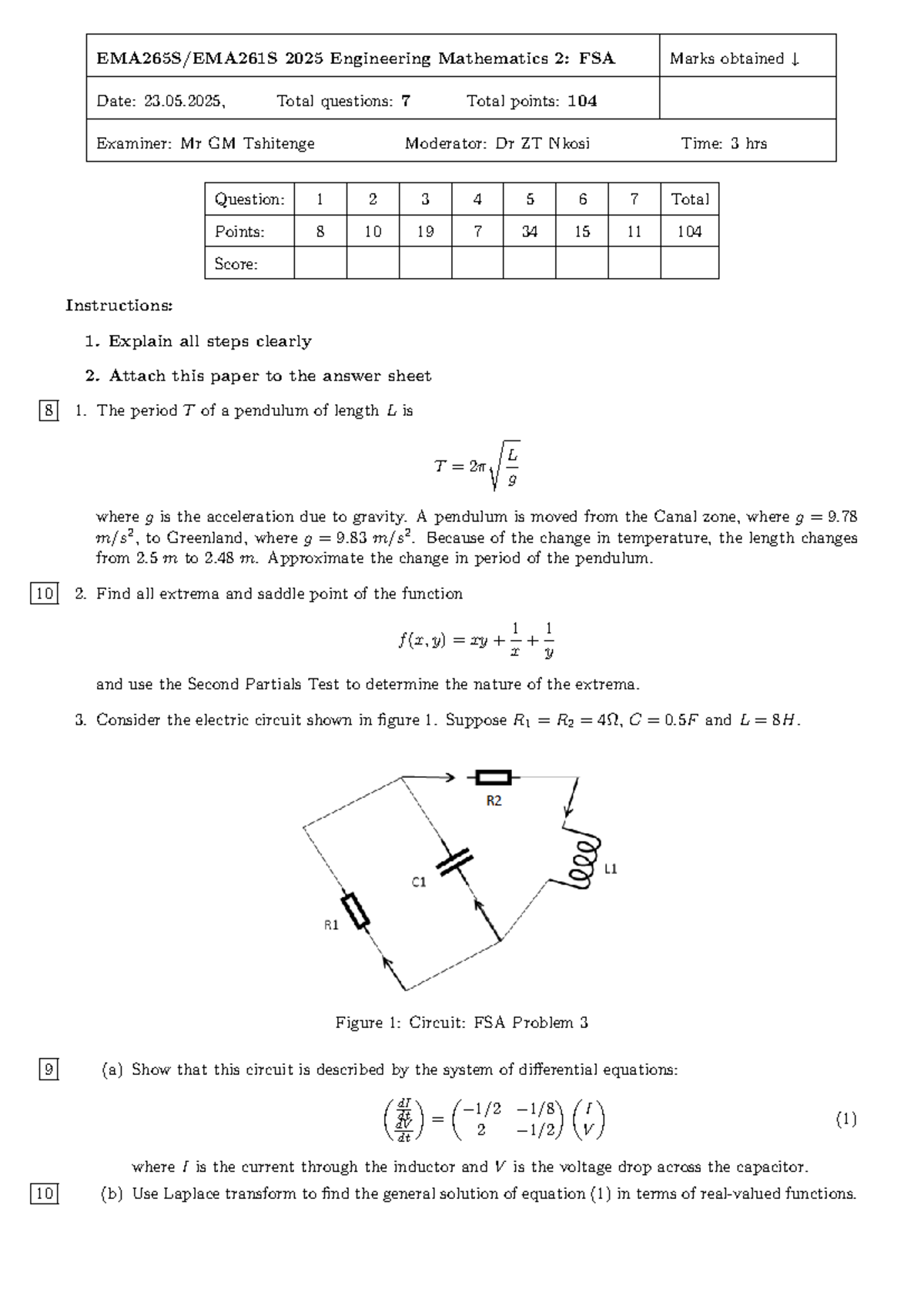 Final Assessment: Engineering Mathematics 2 (FSA) Marks 2025 - Studocu