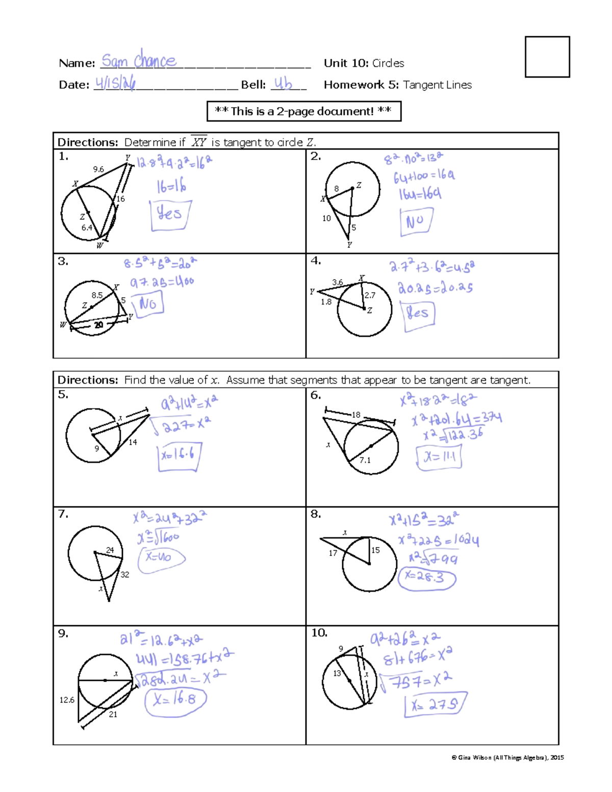 Unit 10: Circles - Homework 5: Tangent Lines Solutions - Studocu