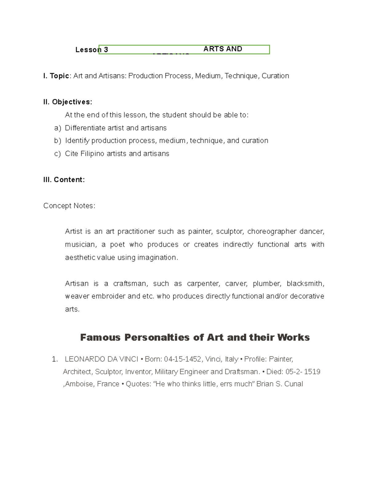 ART Appreciation Lesson 3: Understanding Art, Artisans, and Techniques ...