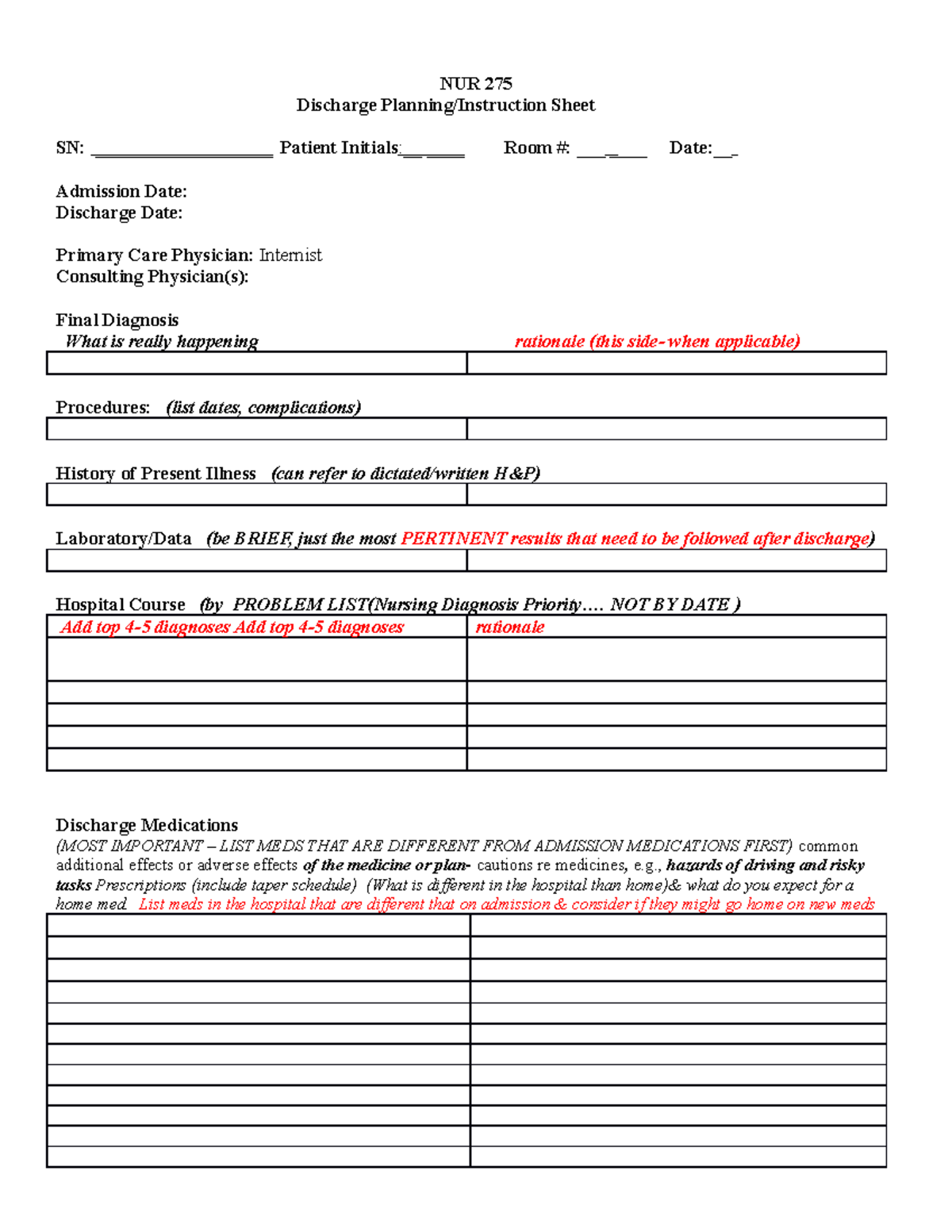 Nur 275 -discharge plan - care plan template - NUR 275 Discharge ...