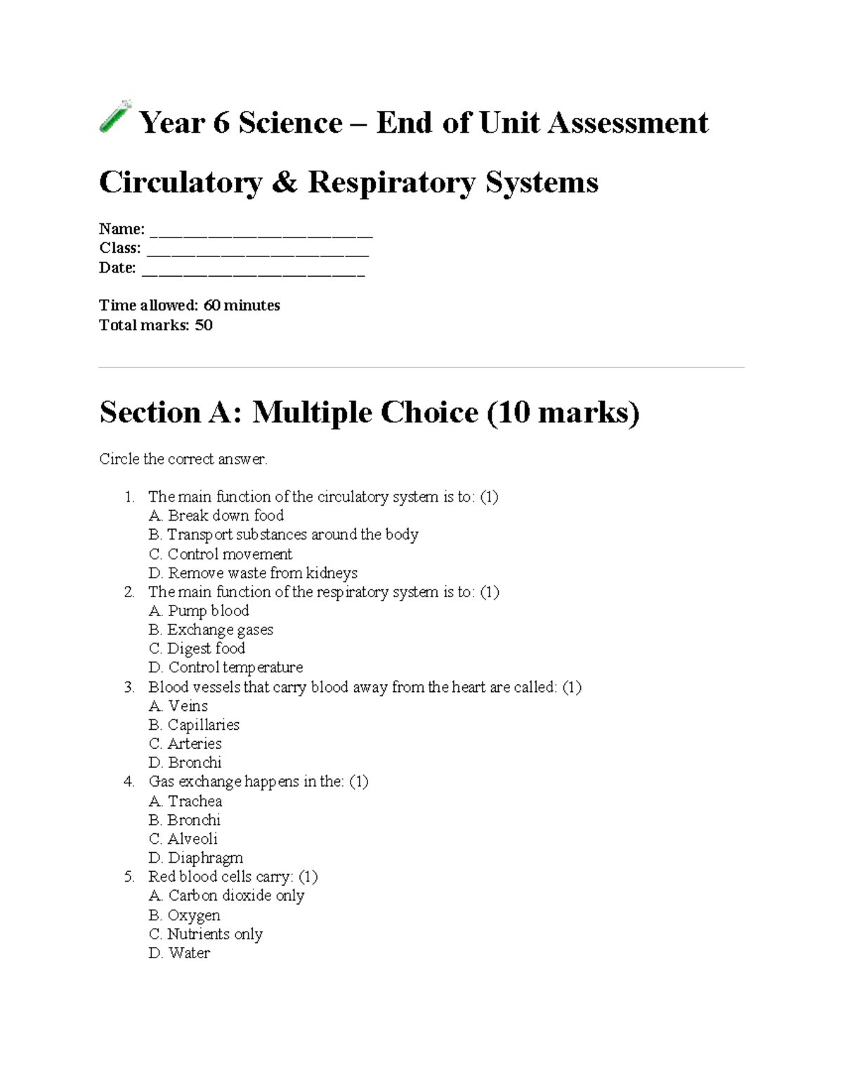 Year 6 Science End of Unit Assessment: Circulatory & Respiratory ...