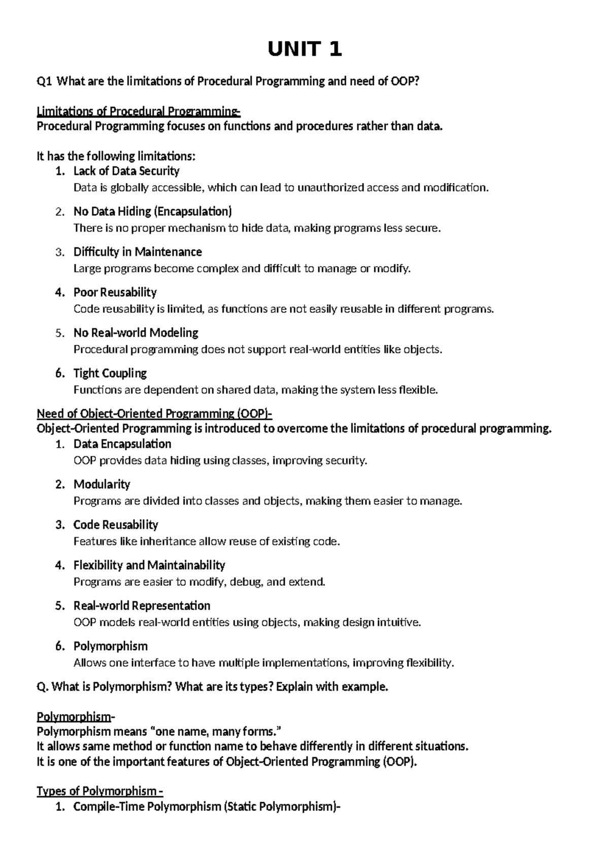 Oops Unit 2 (UT QB) - Limitations of Procedural Programming & OOP Need ...