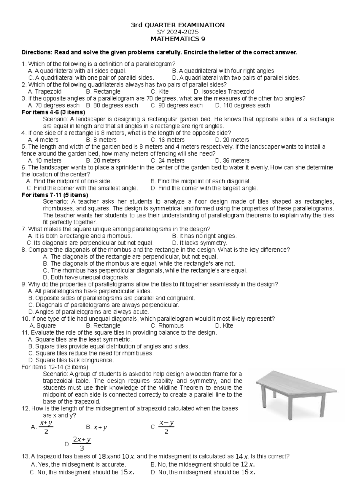 3rd Quarter Exam SY Mathematics 9: Geometry & Proportions - Studocu