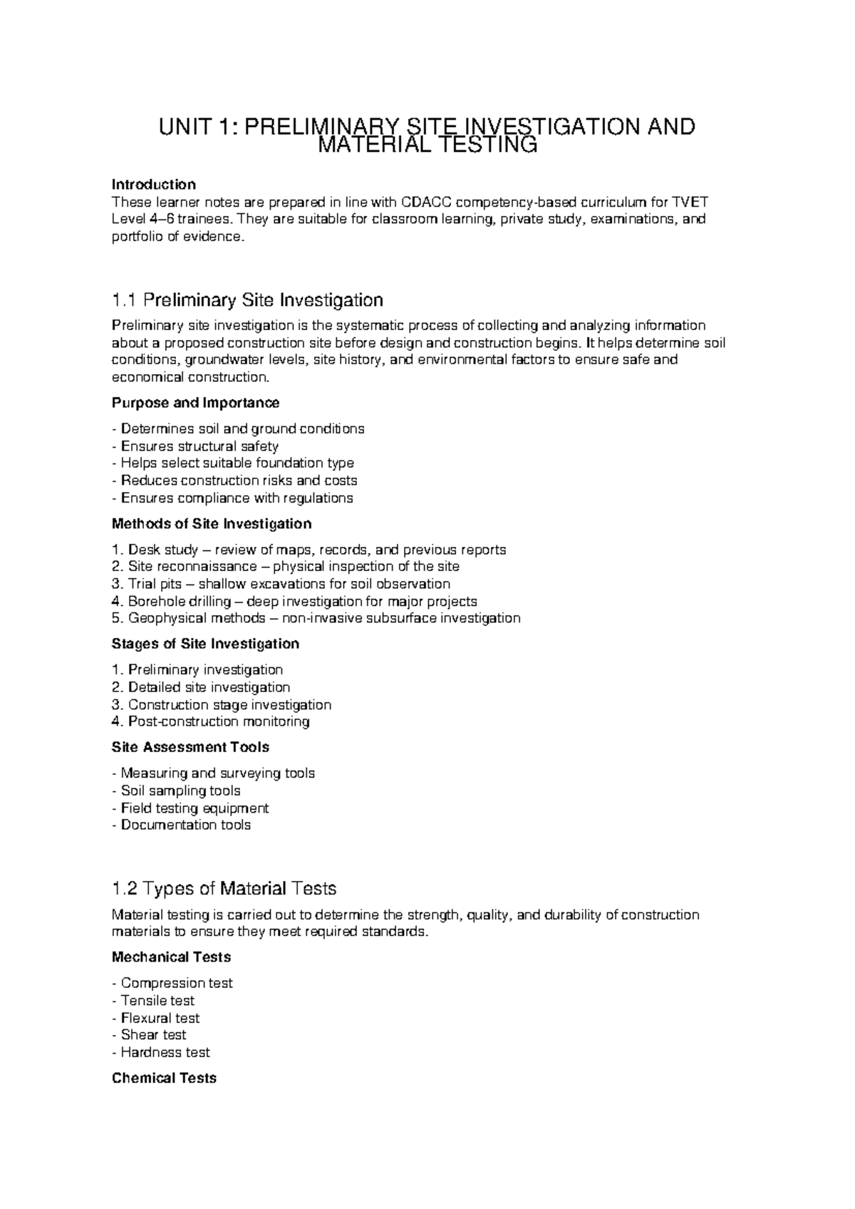 Unit 1: Preliminary Site Investigation & Material Testing Notes - Studocu
