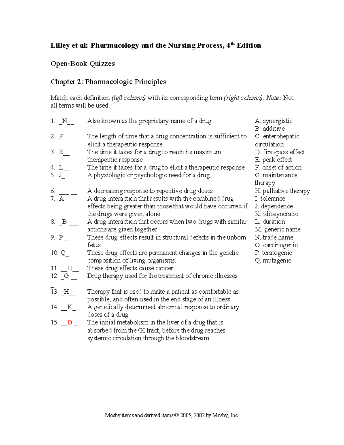 Pharmacology & Nursing Process (NUR 101) Chapter 2 Quiz: Match Terms ...