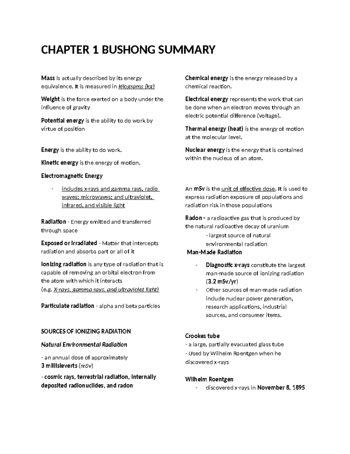 Bushong Summary - Chapters 1 to 3: Key Concepts & Definitions - Studocu