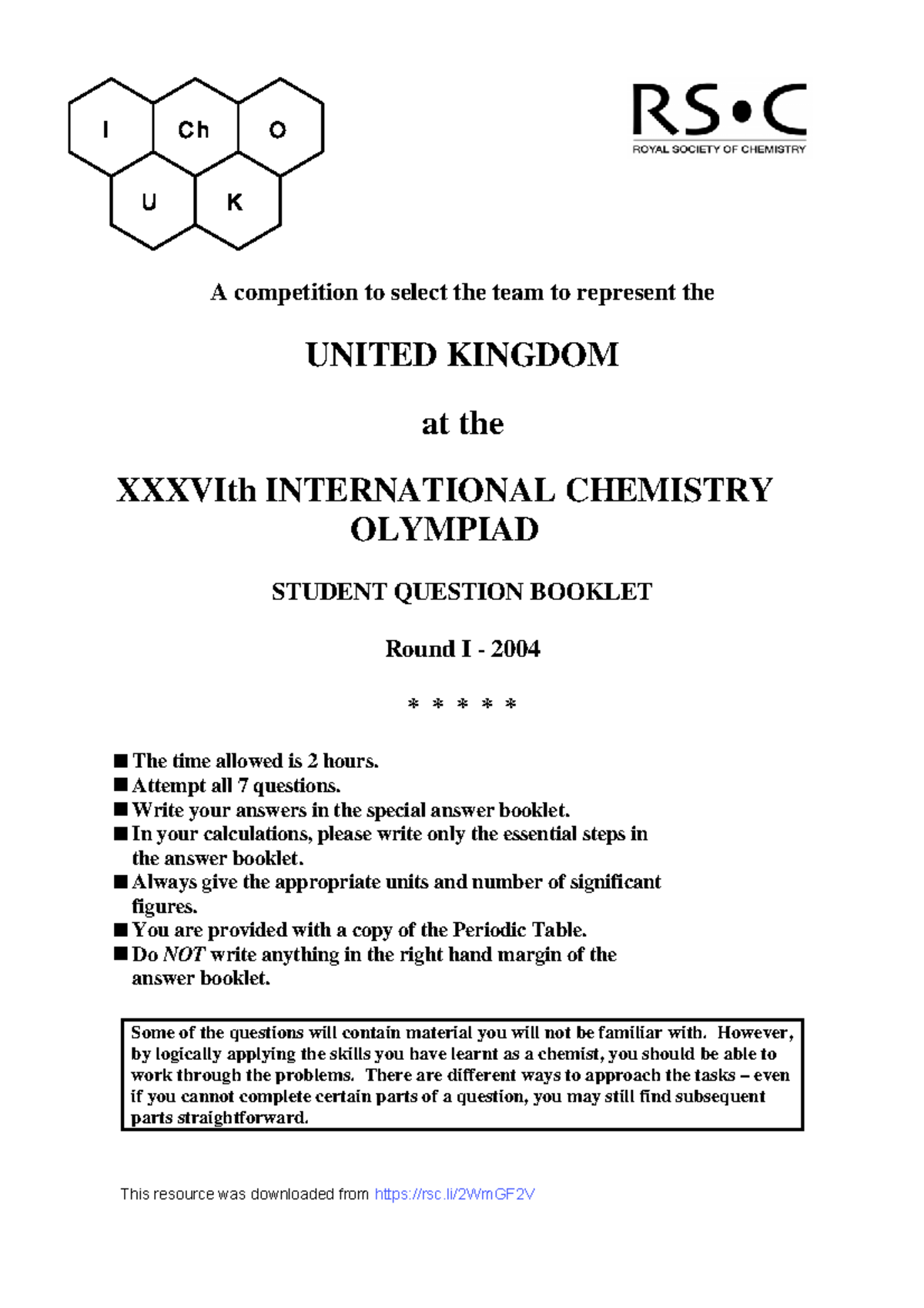 UKCHO 2004 - Student Question Booklet for Round I Exam - Studocu
