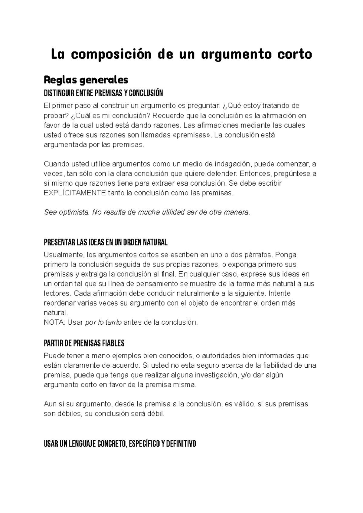 Reglas para Elaborar Argumentos Cortos Efectivos - Studocu