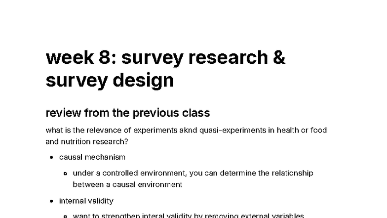 Week 8: Survey Research Design Review and Key Concepts - Studocu
