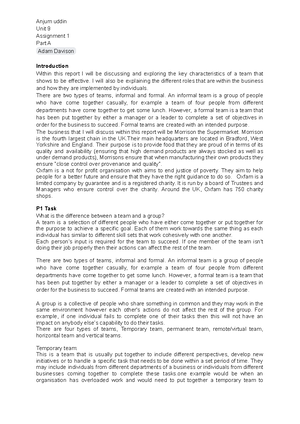 Unit 9, assignment one: team building in business: - In this report I ...