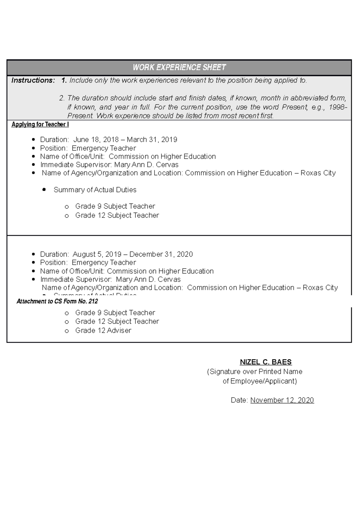 CS-Form-212: Work Experience Sheet for Teacher I Application - Studocu