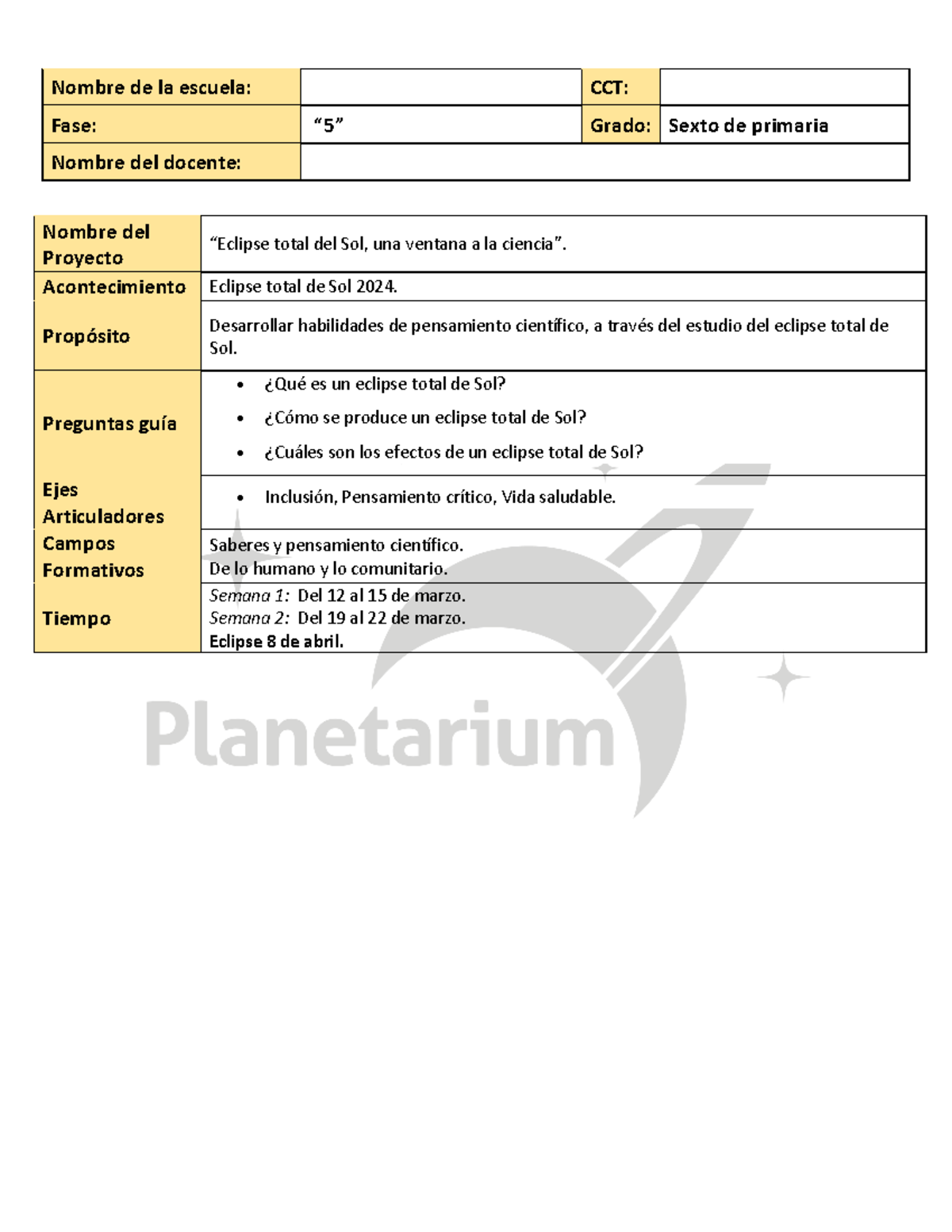 Propuesta de Proyecto Eclipse Total del Sol 2024 - Sexto Grado - Studocu