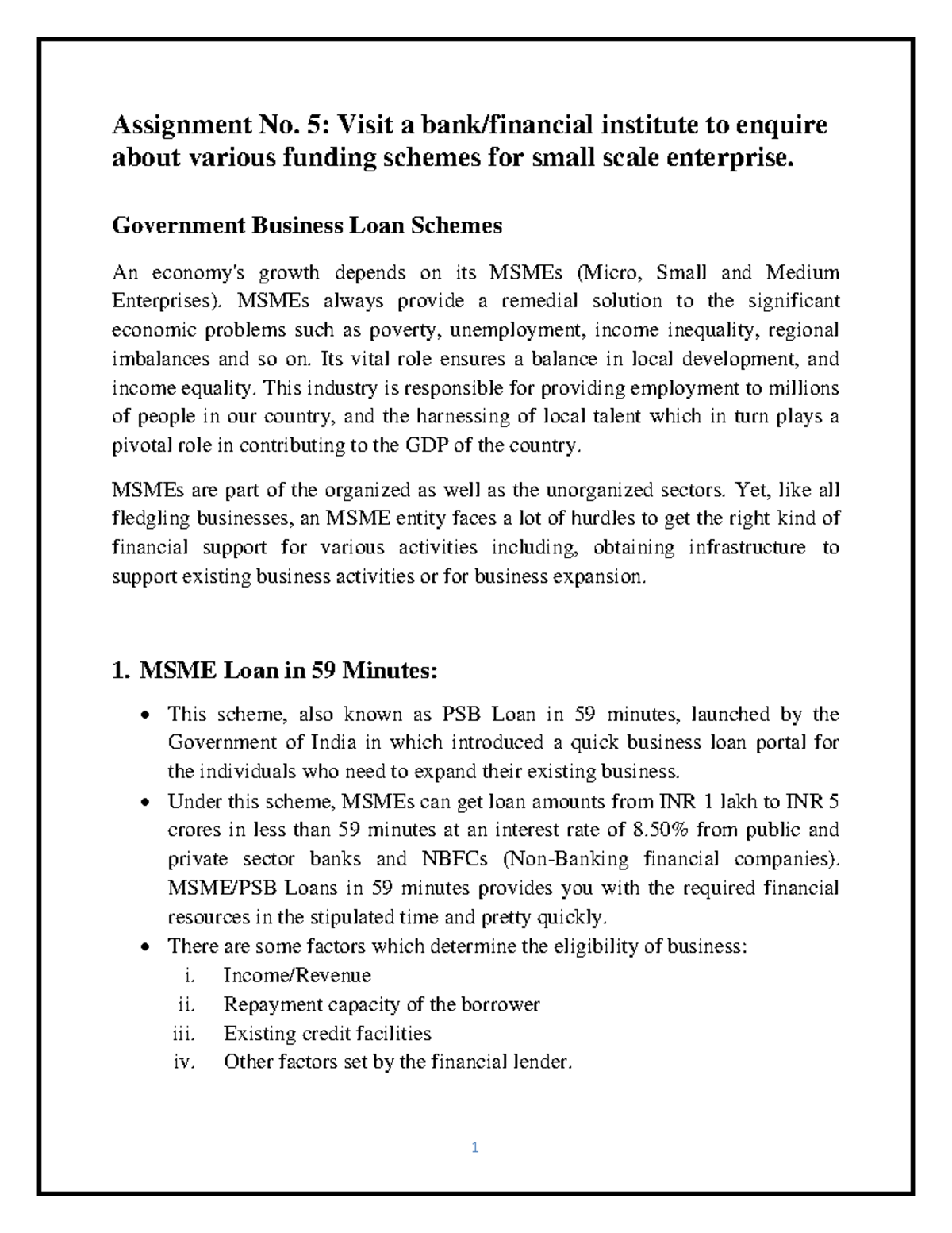 entrepreneurship development - Assignment No. 5: Visit a bank/financial ...