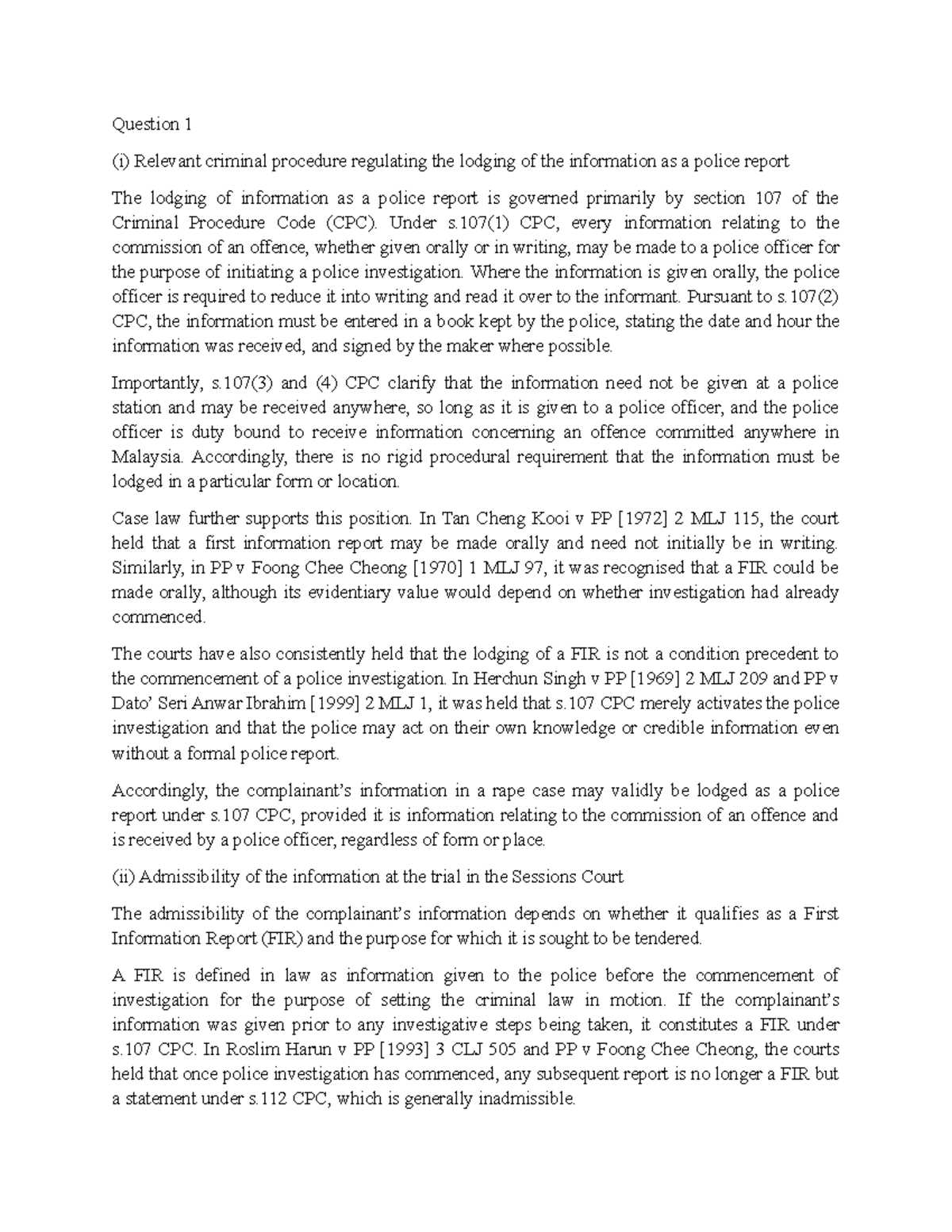 CPC 107: Police Report Procedures & FIR Admissibility Analysis - Studocu