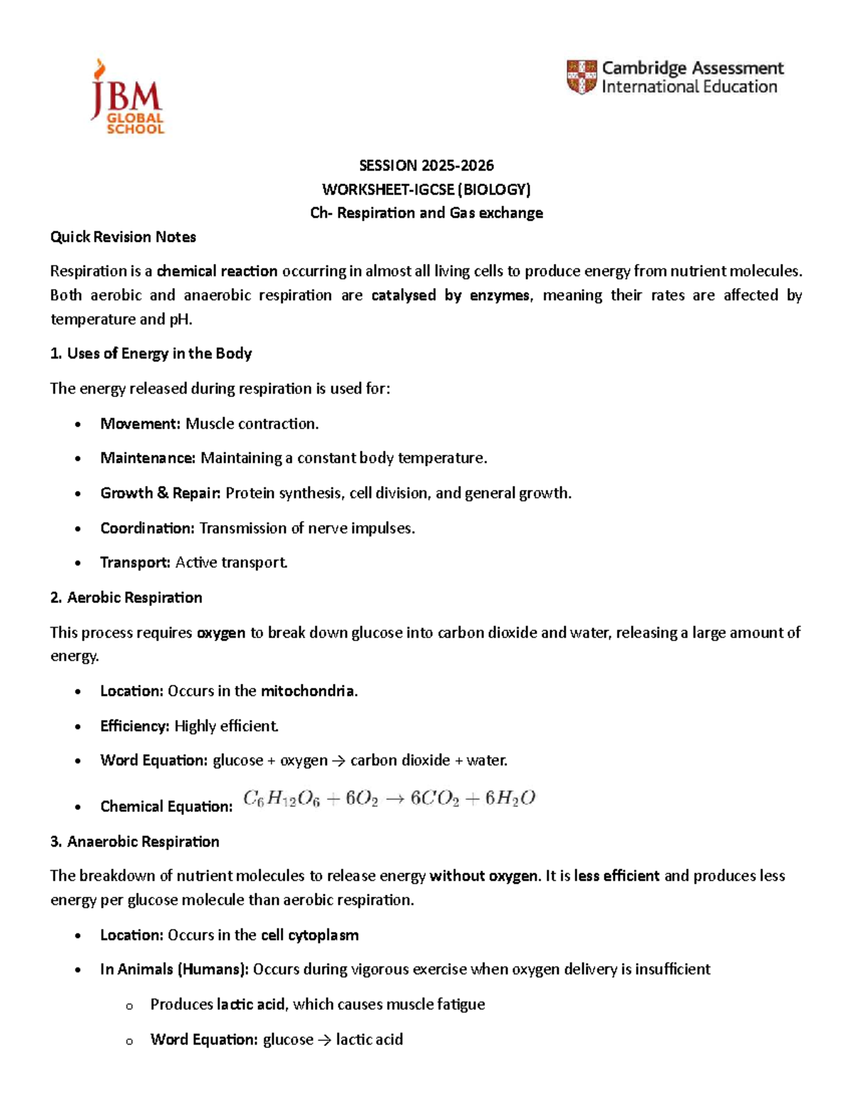 Worksheet - Ch. Respiration & Gas Exchange Quick Revision Notes - Studocu
