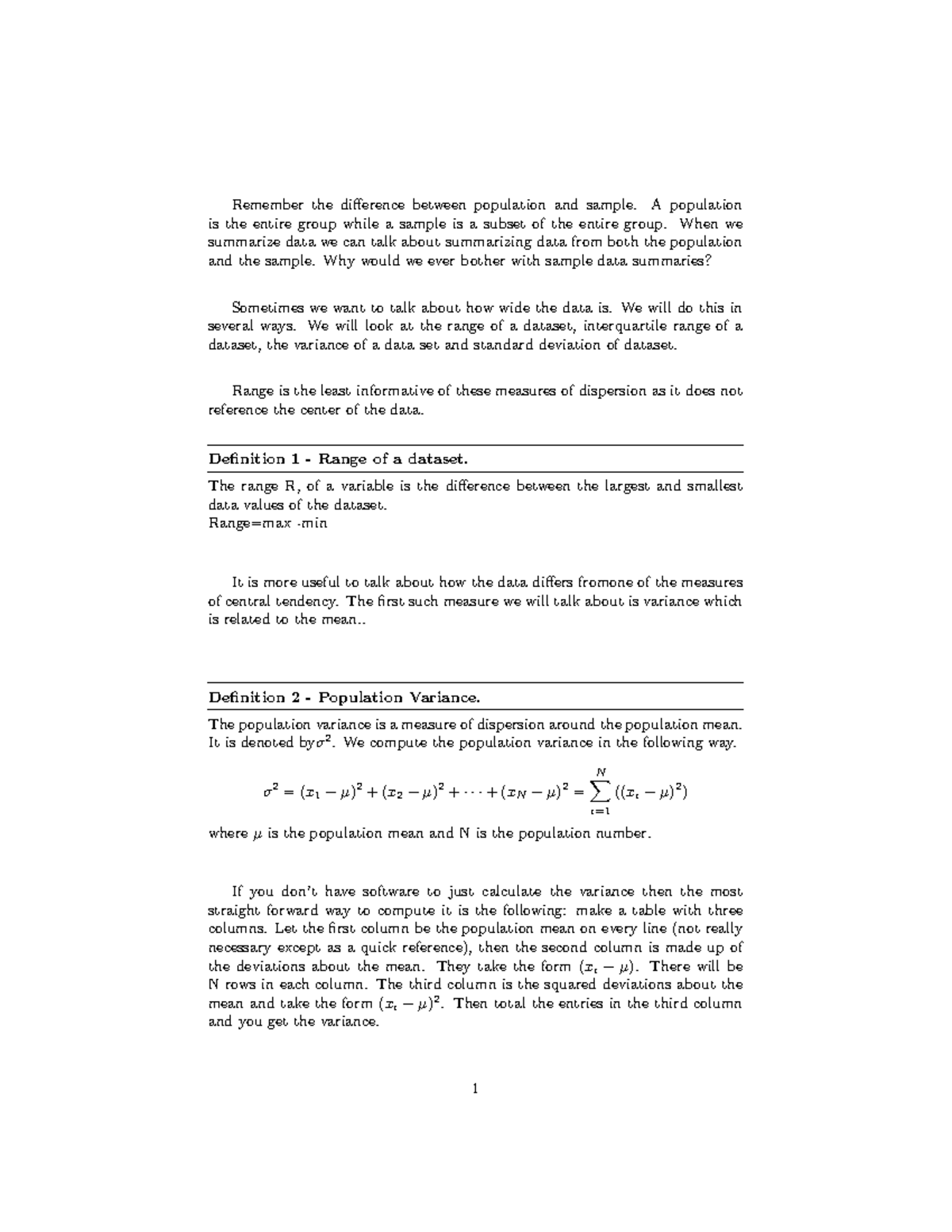 Measures of Dispersion: Population vs Sample Variance and Std Dev - Studocu