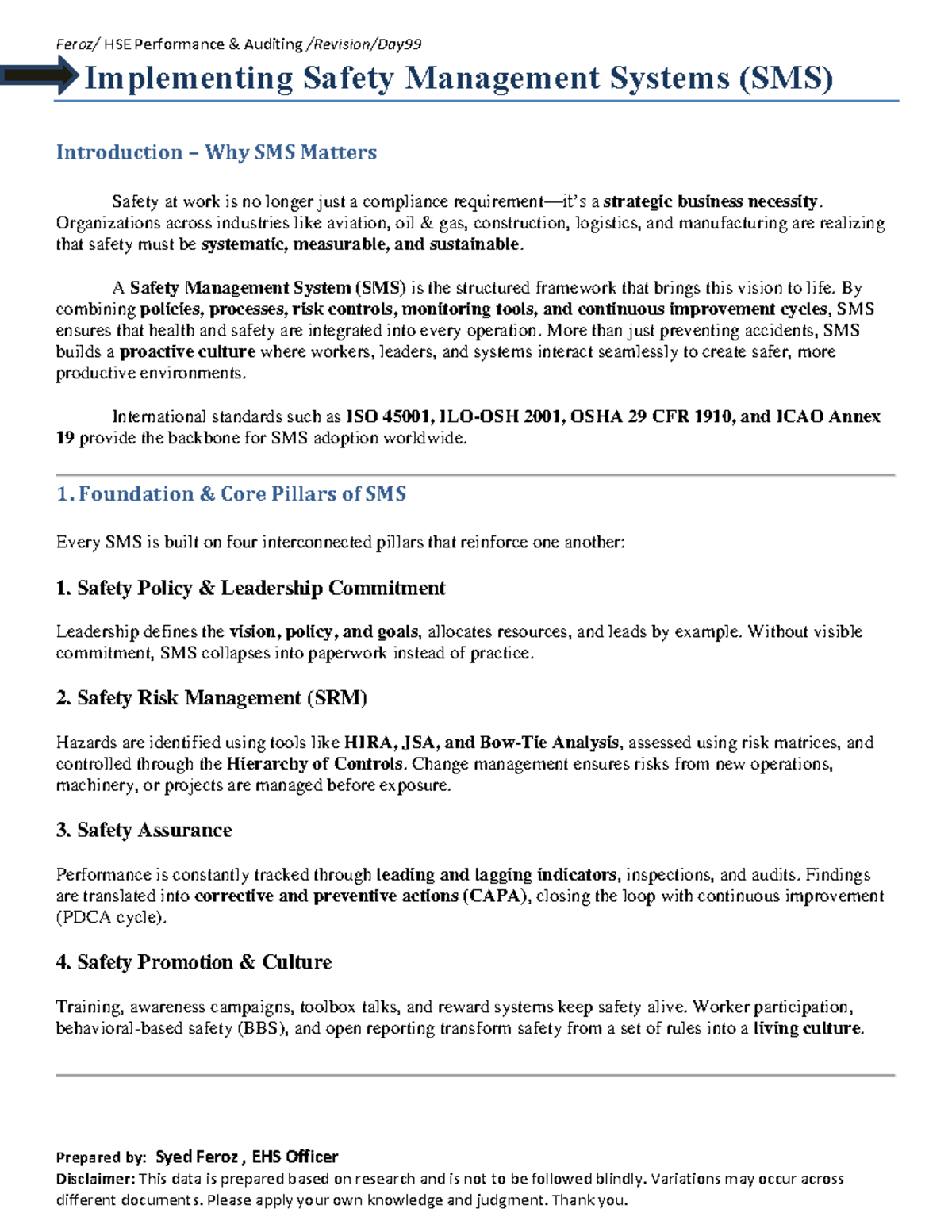 HSE 101: Implementing Safety Management Systems (SMS) Overview - Studocu