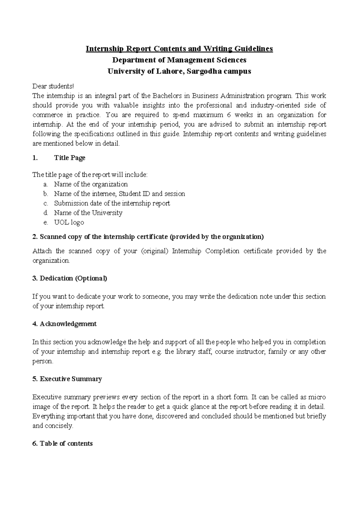 BBA Internship Report Guidelines and Structure - Studocu