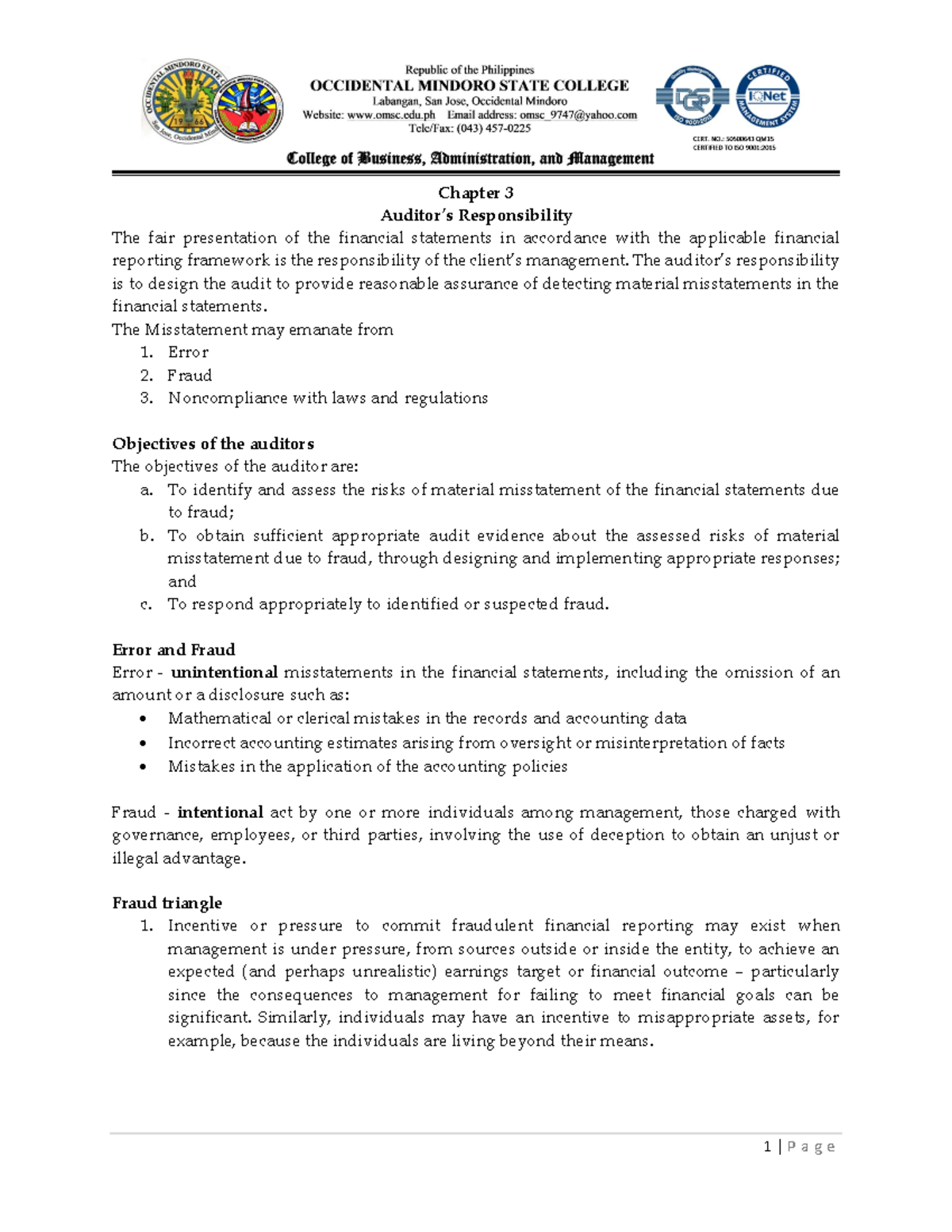 Chapter 3: Auditor's Responsibilities in Misstatements and Compliance ...