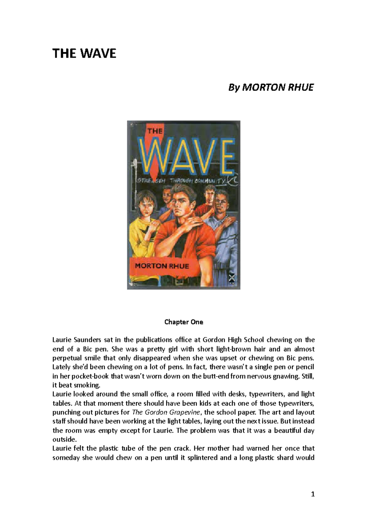 The wave - Libro the wave. - THE WAVE By MORTON RHUE Chapter One Laurie ...