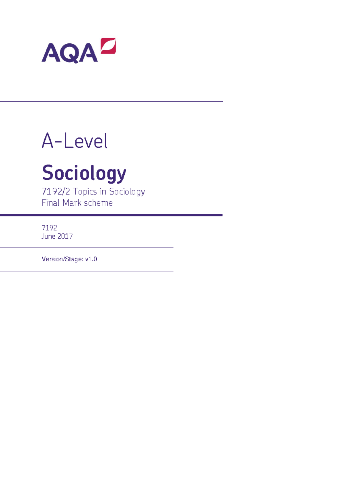 AQA Sociology - 2017 Paper 2 MS - A-Level Sociology 7192/2 Topics in ...