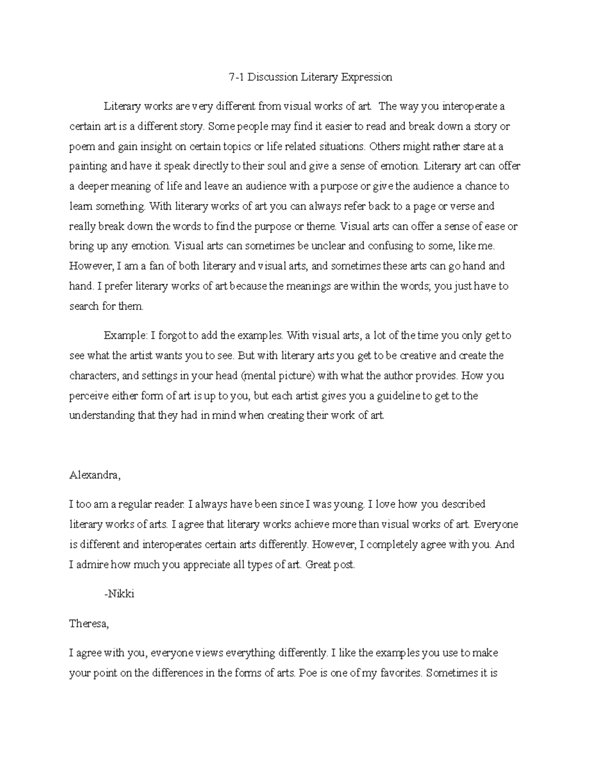 7-1 Discussion: Comparing Literary and Visual Expression in Art - Studocu