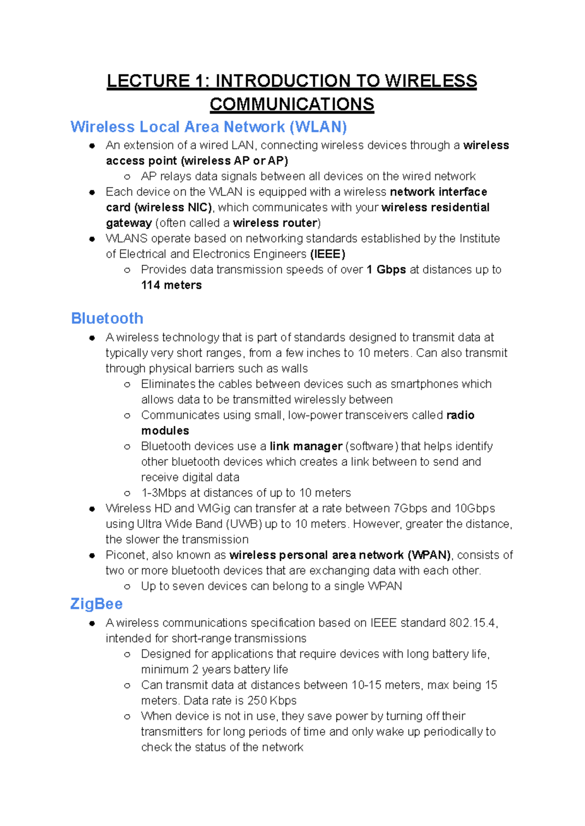 Lecture 1: Intro to Wireless Communications (WLAN, Bluetooth, ZigBee ...