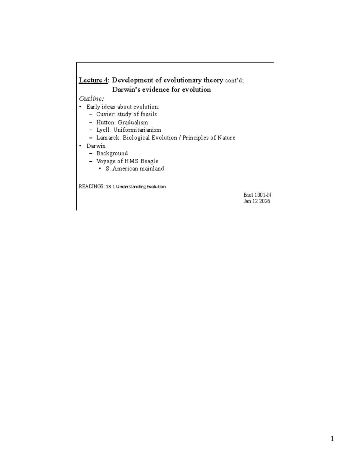 BIOL1001N Lecture 4: Evolutionary Theory Development and Key ...