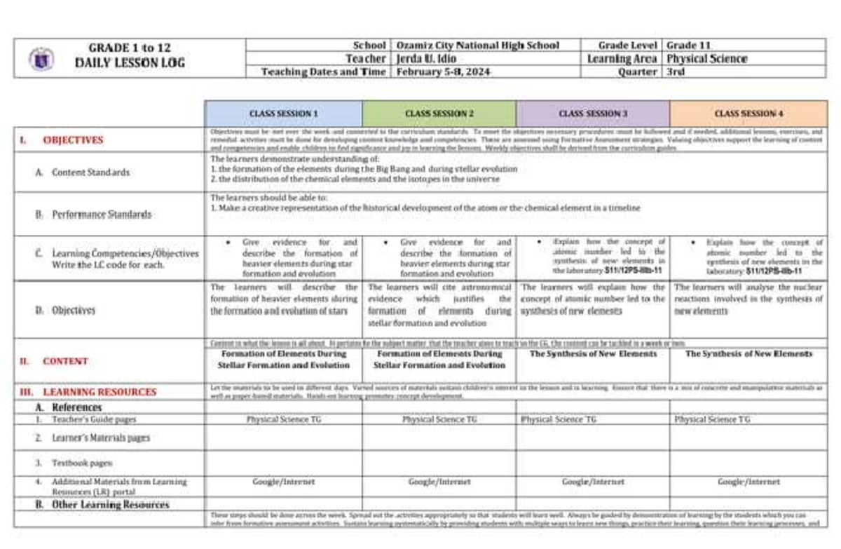 Grade 11 Physical Science Lesson Log: Stellar Formation & Element ...