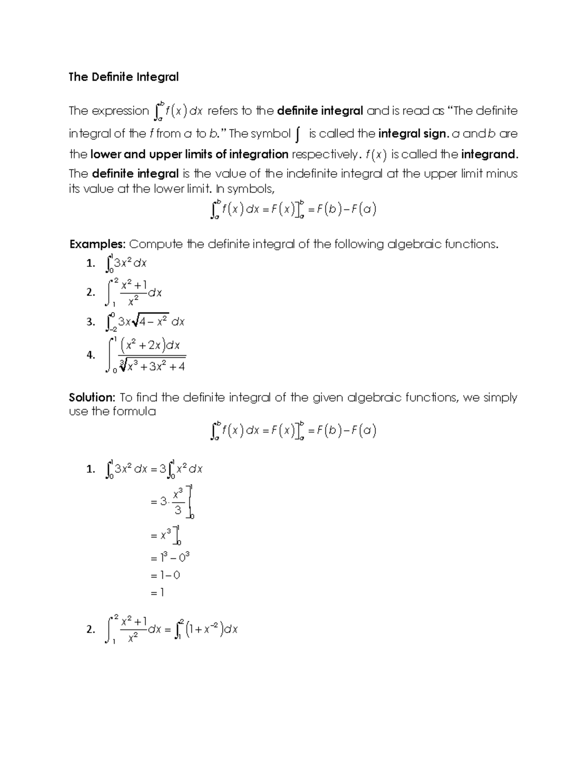 Definite Integrals: Understanding and Computing f(x) dx in Calculus - Studocu
