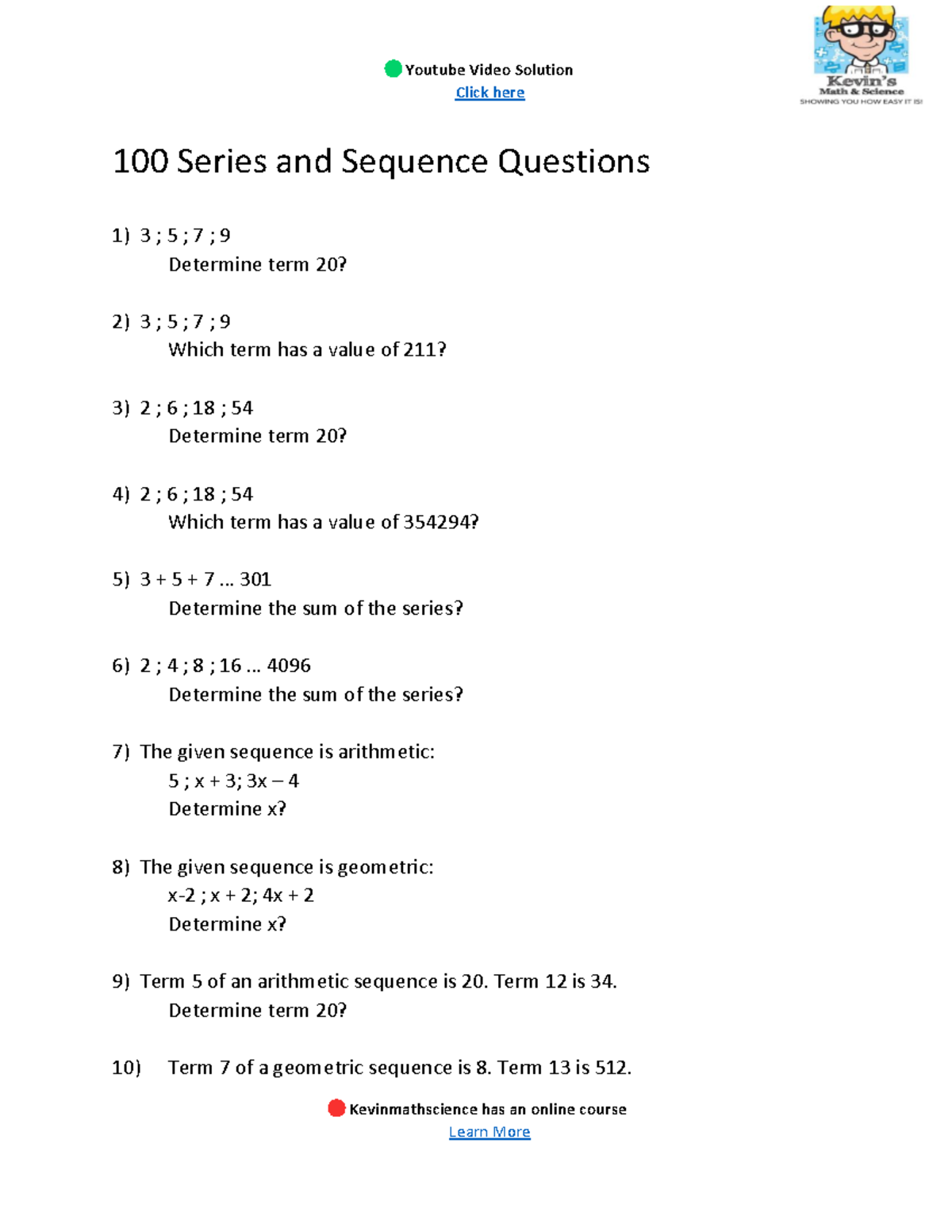 Math 101: Series and Sequences Worksheet with 100 Questions - Studocu