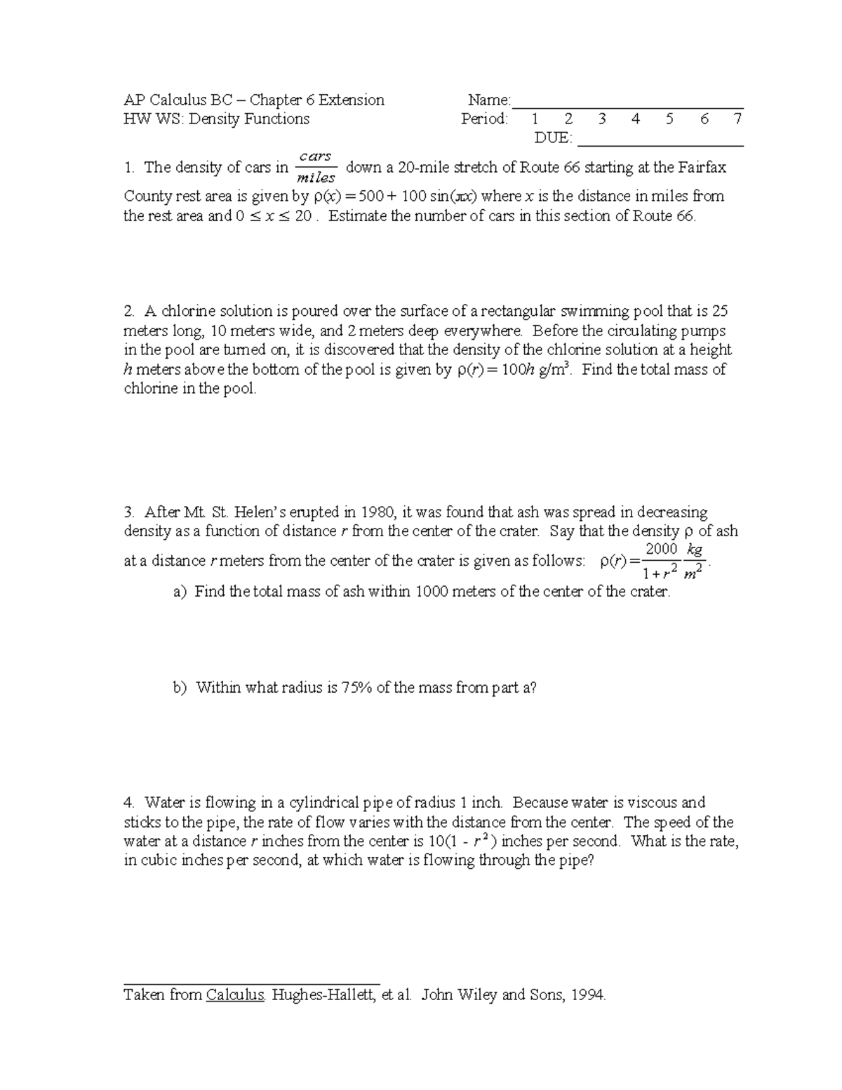 Density Calculus Practice - AP Calculus BC – Chapter 6 Extension Name ...