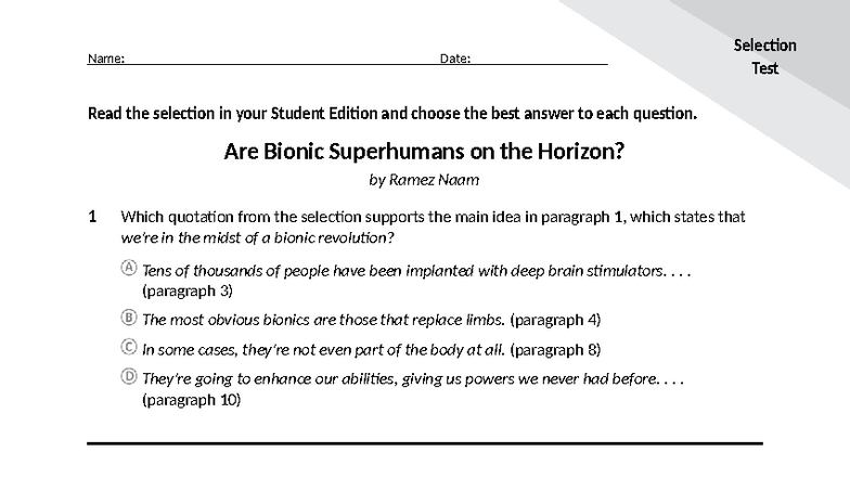 Grade 8 Selection Test: Are Bionic Superhumans on the Horizon? - Studocu