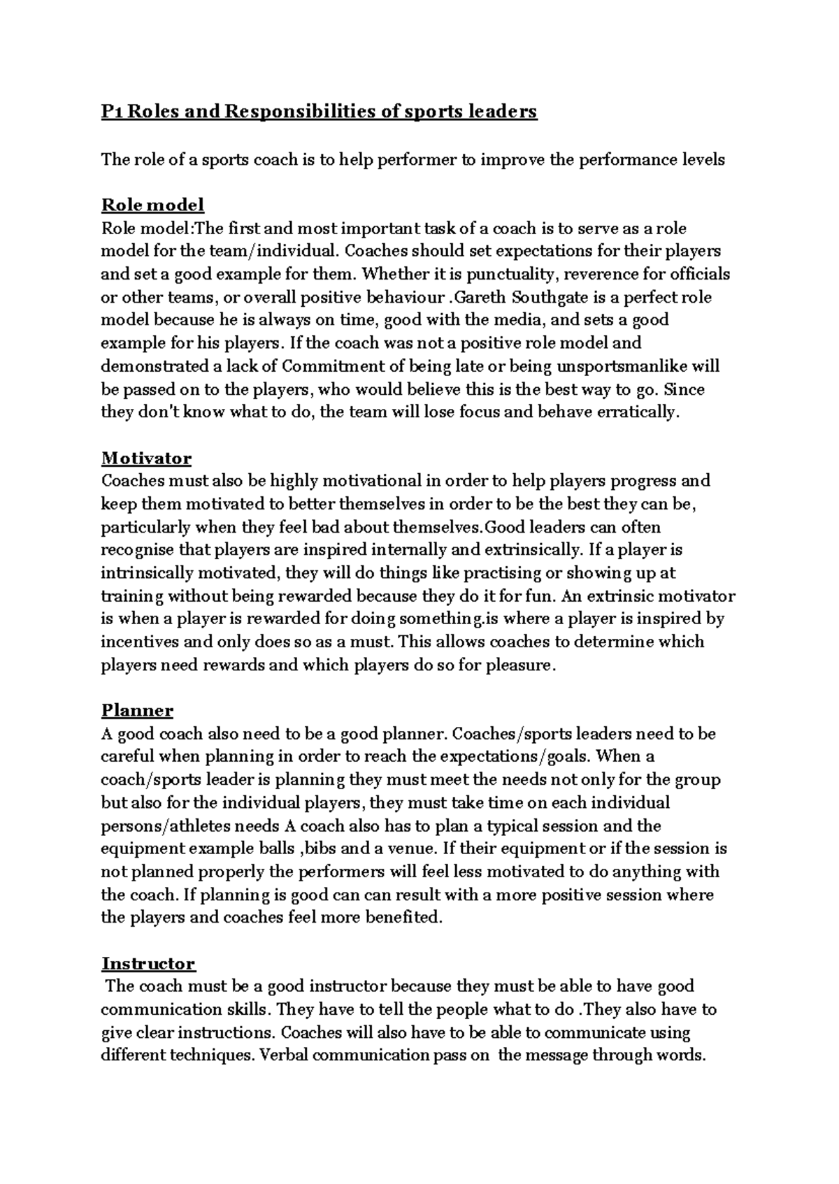 P1: Exploring the Roles & Responsibilities of Sports Leaders - Studocu
