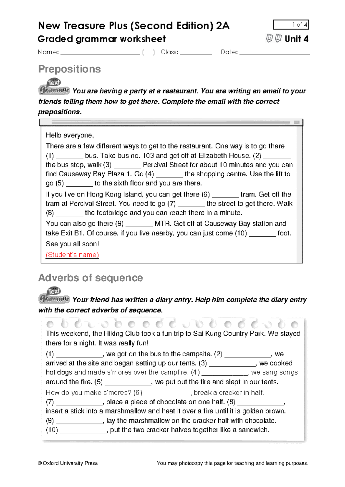 New Treasure Plus (Second Edition) 2A graded grammar worksheet - Studocu
