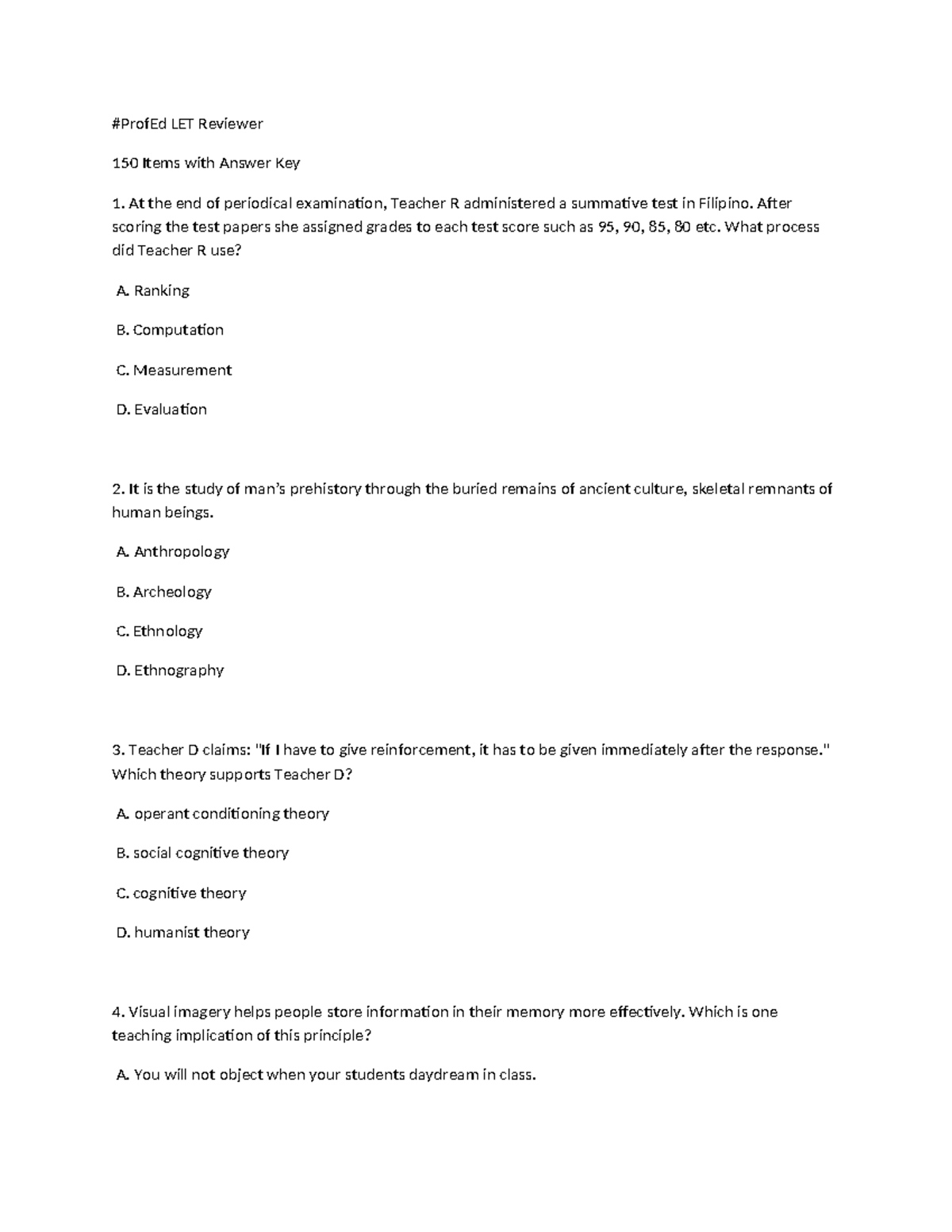 150 Item Prof Ed LET Reviewer with Answer Key for Exam Prep - Studocu