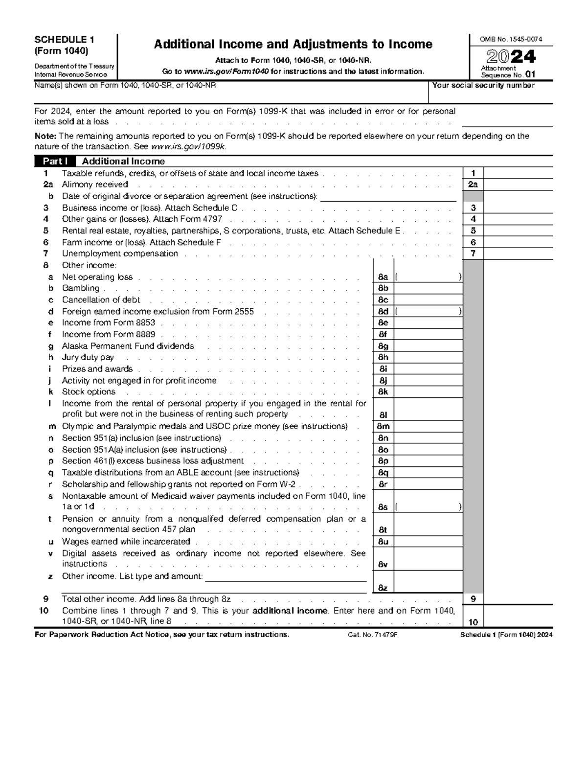 IRS Form 1040 Schedule 1 (2024): Additional Income & Adjustments - Studocu