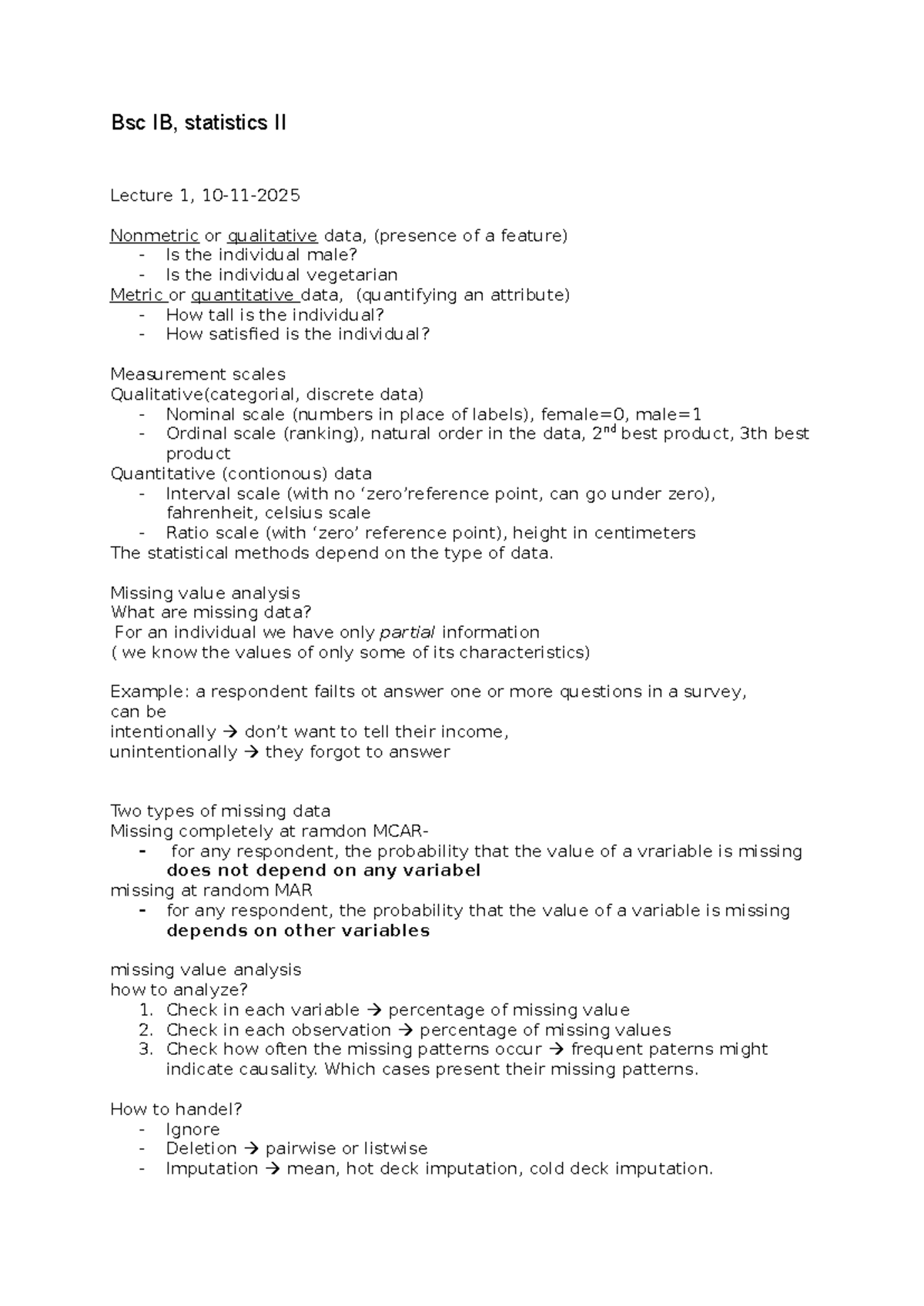 Bsc IB Statistics II Lecture Notes: Data Types & Analysis Techniques ...