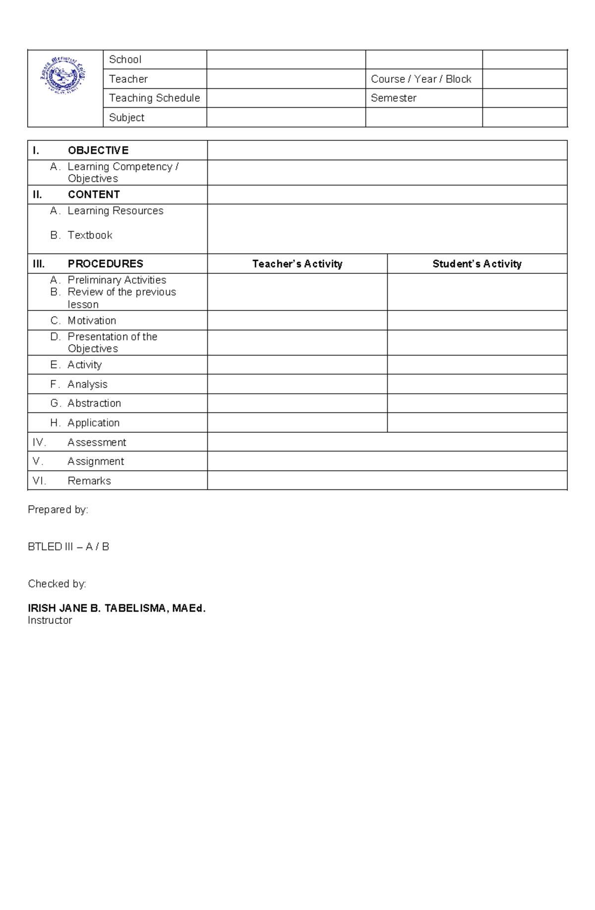 4As Lesson Plan Template - School Teacher Course / Year / Block ...