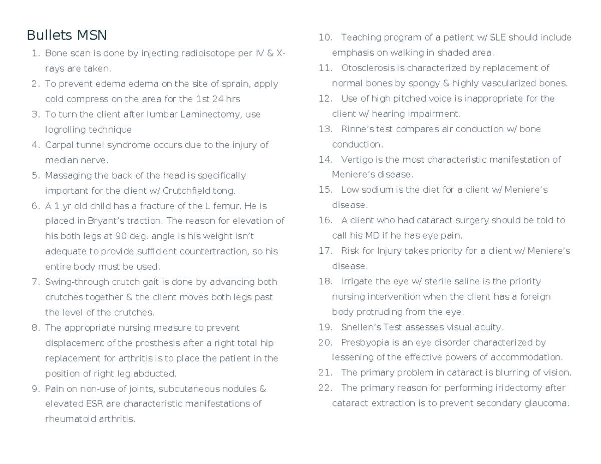 MSN Final Exam Study Bullets: Nursing Interventions & Concepts - Studocu