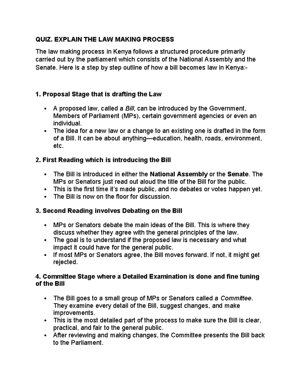 PTP 100 Quiz: Understanding the Law Making Process in Kenya - Studocu