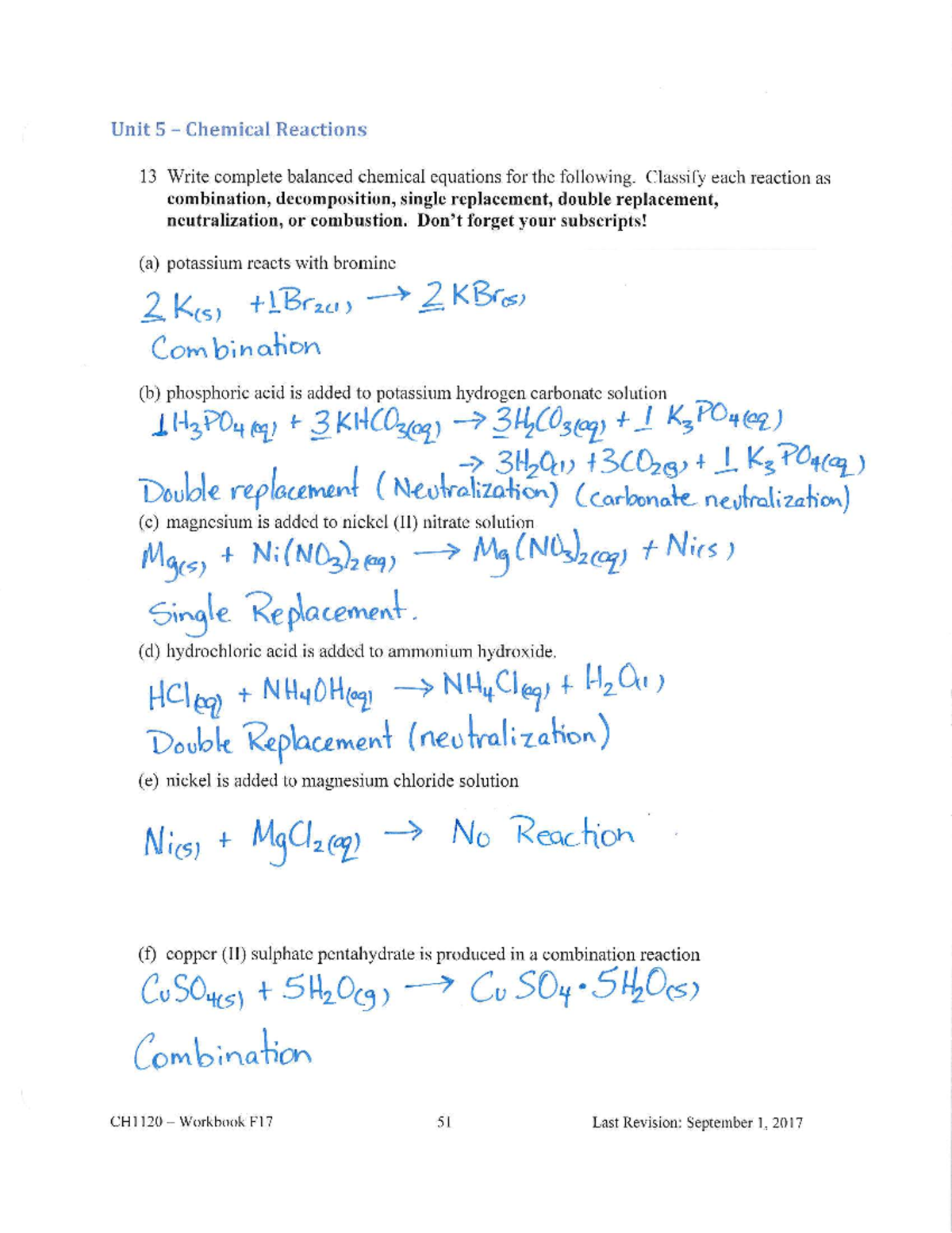 Unit 5: Chemical Reactions - Answer Key Workbook - Studocu