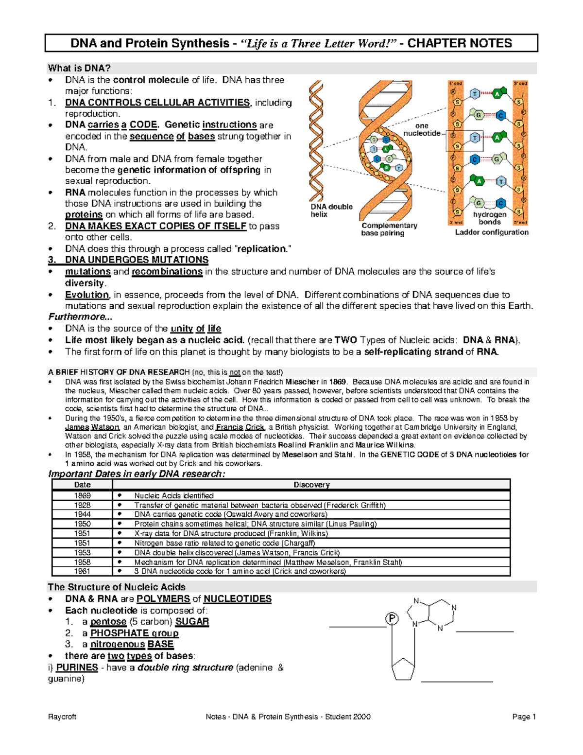 Dna notes 073843 - this is for any subject - DNA and Protein Synthesis ...
