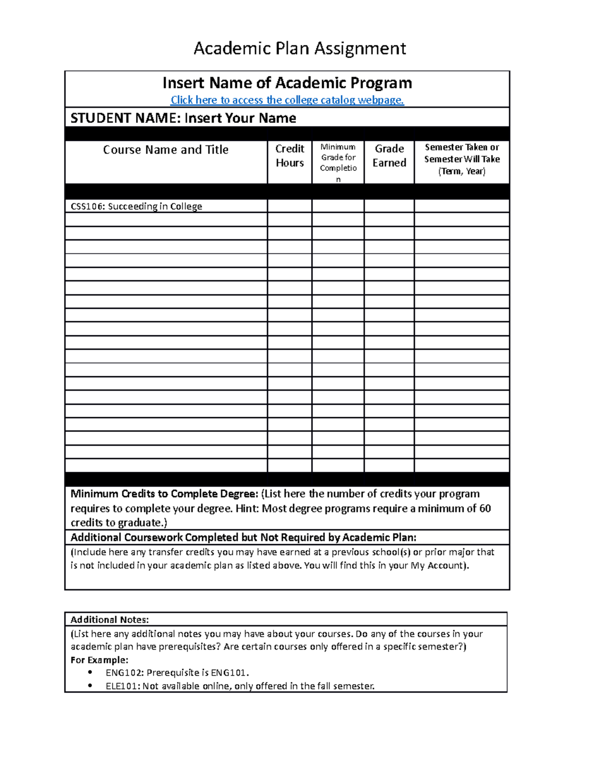 Academic Plan Assignment CSS106 - Academic Plan Assignment Insert Name ...
