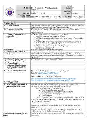 Science 9 4th Quarter Lesson Plan: Projectile Motion & Applications ...