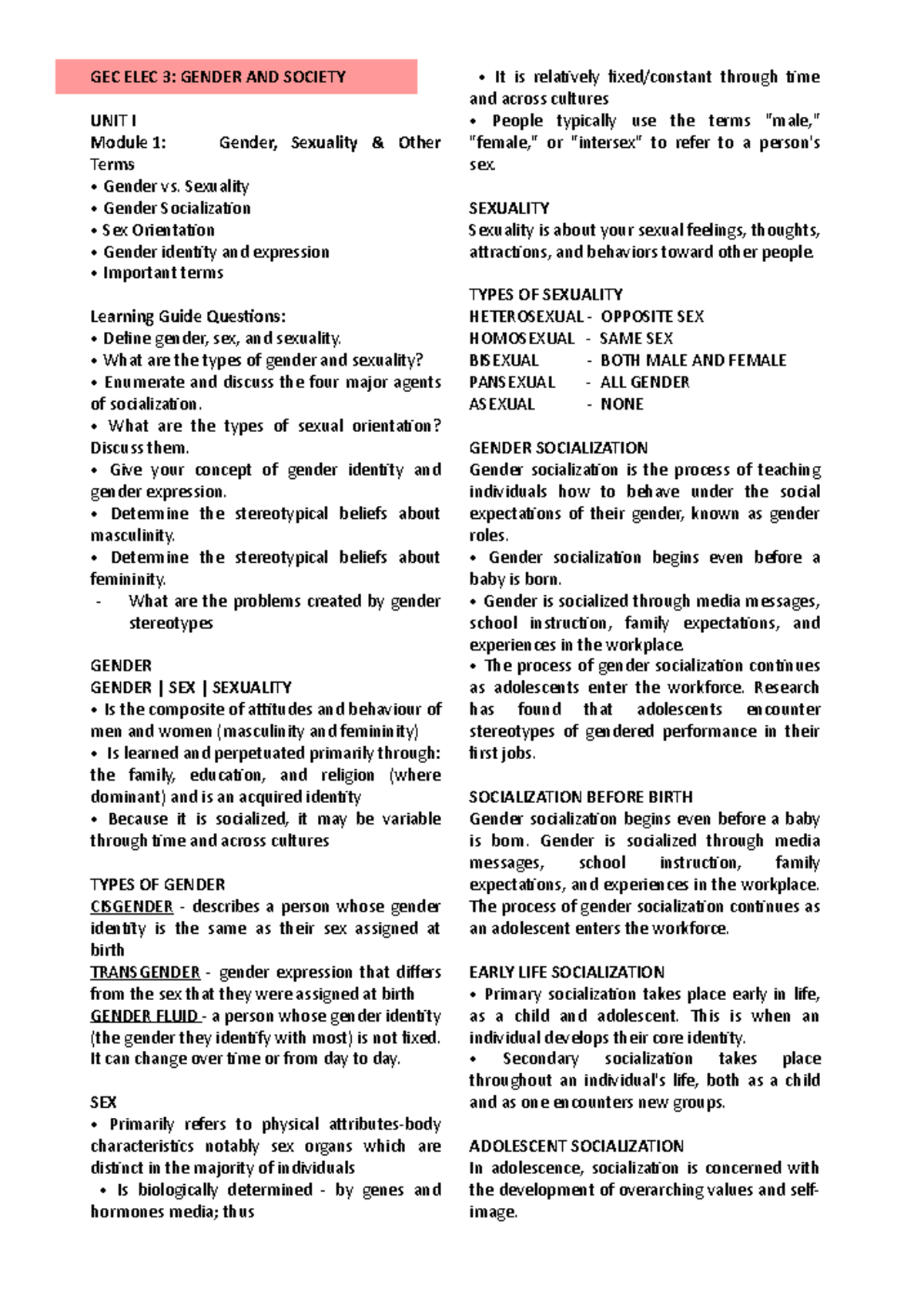 Lecture 1-3 - topics discussed - GEC ELEC 3: GENDER AND SOCIETY UNIT I ...